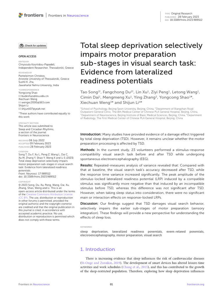 Total Sleep Deprivation Selectively Impairs Motor Preparation Sub ...