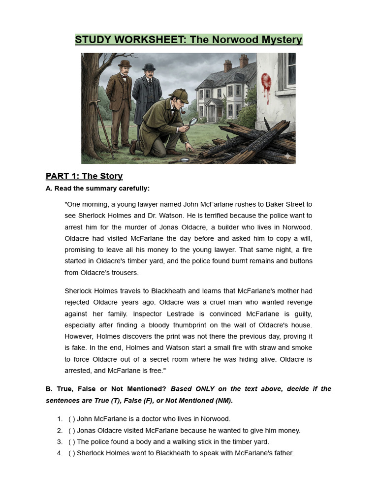 Study Worksheet - The Norwood Mystery | PDF | Mystery Fiction | Crime ...