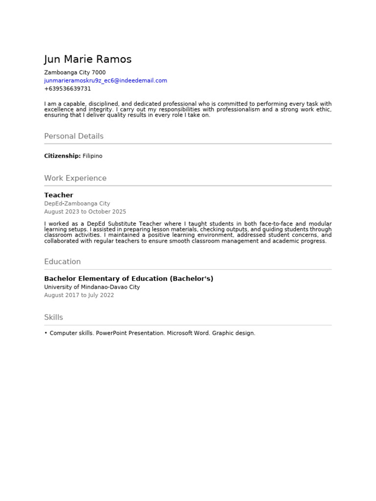 Teacher Resume - Jun Marie Ramos | PDF