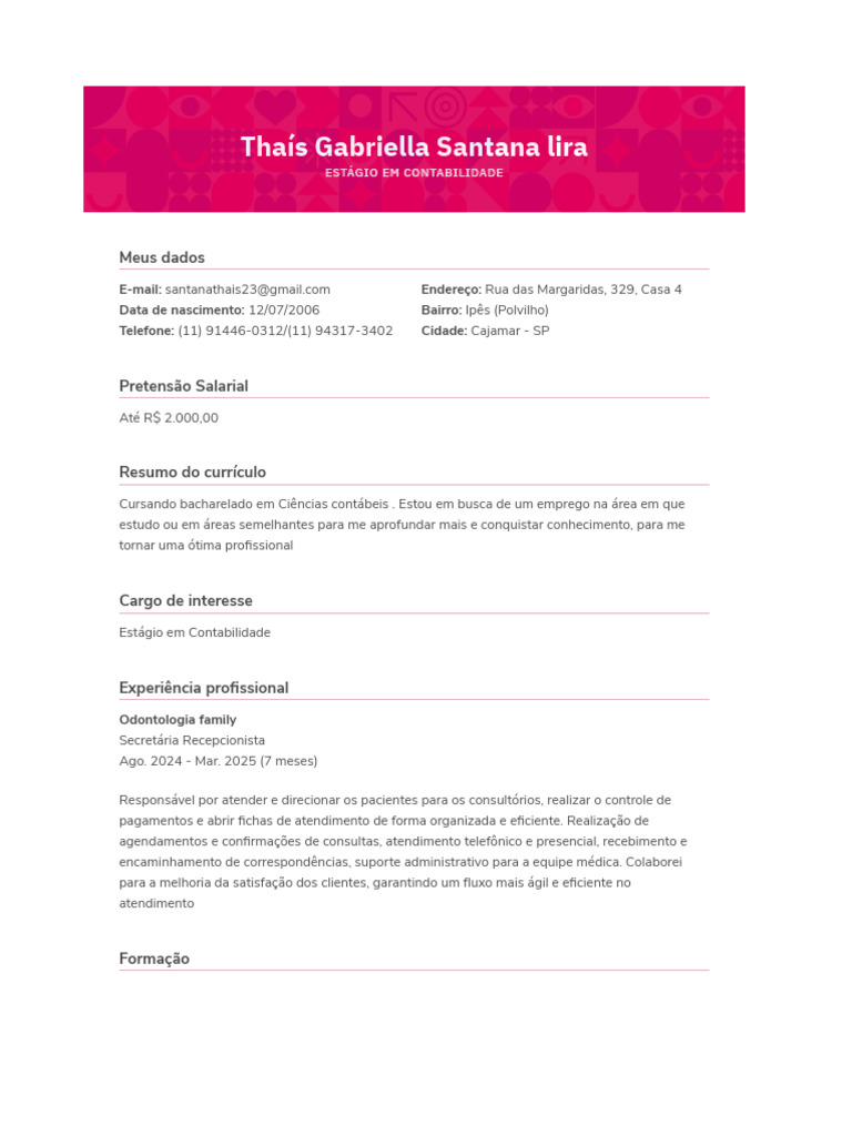 Curriculo Tha%C3%ADs Gabriella Santana Lira | PDF