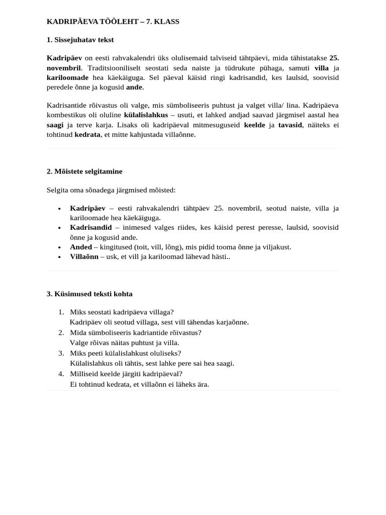 KADRIPÄEVA+TÖÖLEHT+7.klass | PDF