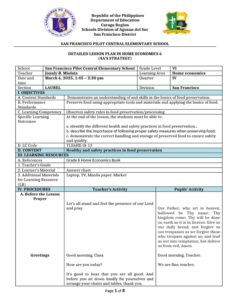 Home Economics Lesson Plan: Food Safety | PDF | Teachers | Food ...