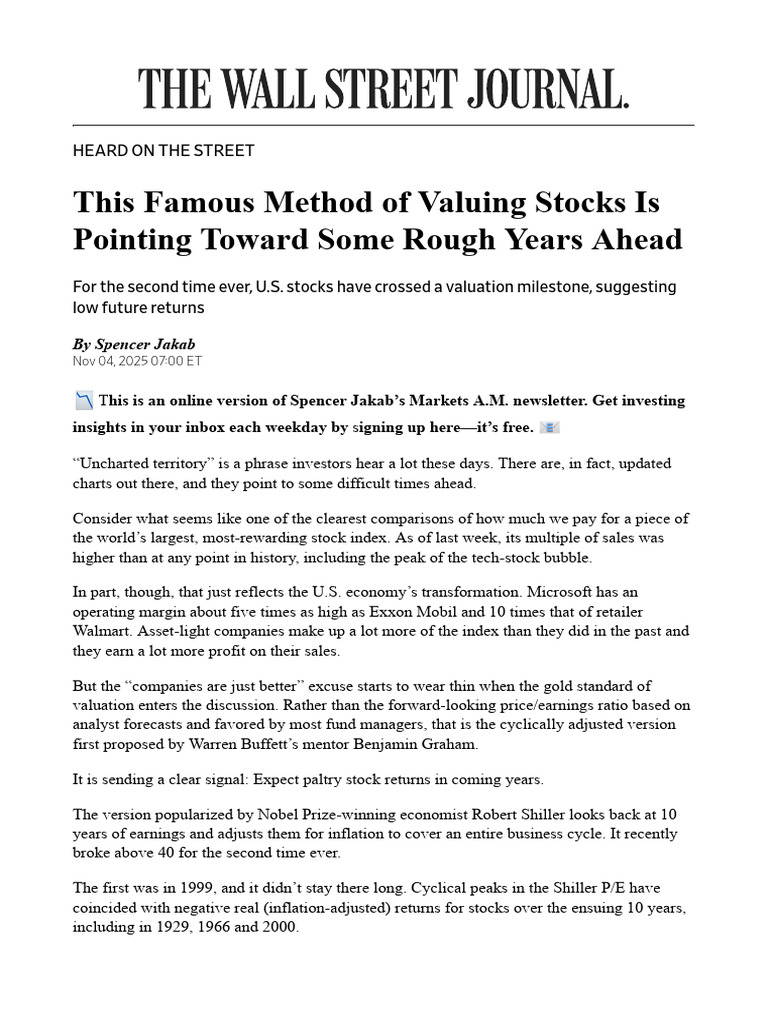 WSJ - Printing This Famous Method of Valuing Stocks Is Pointing Toward ...