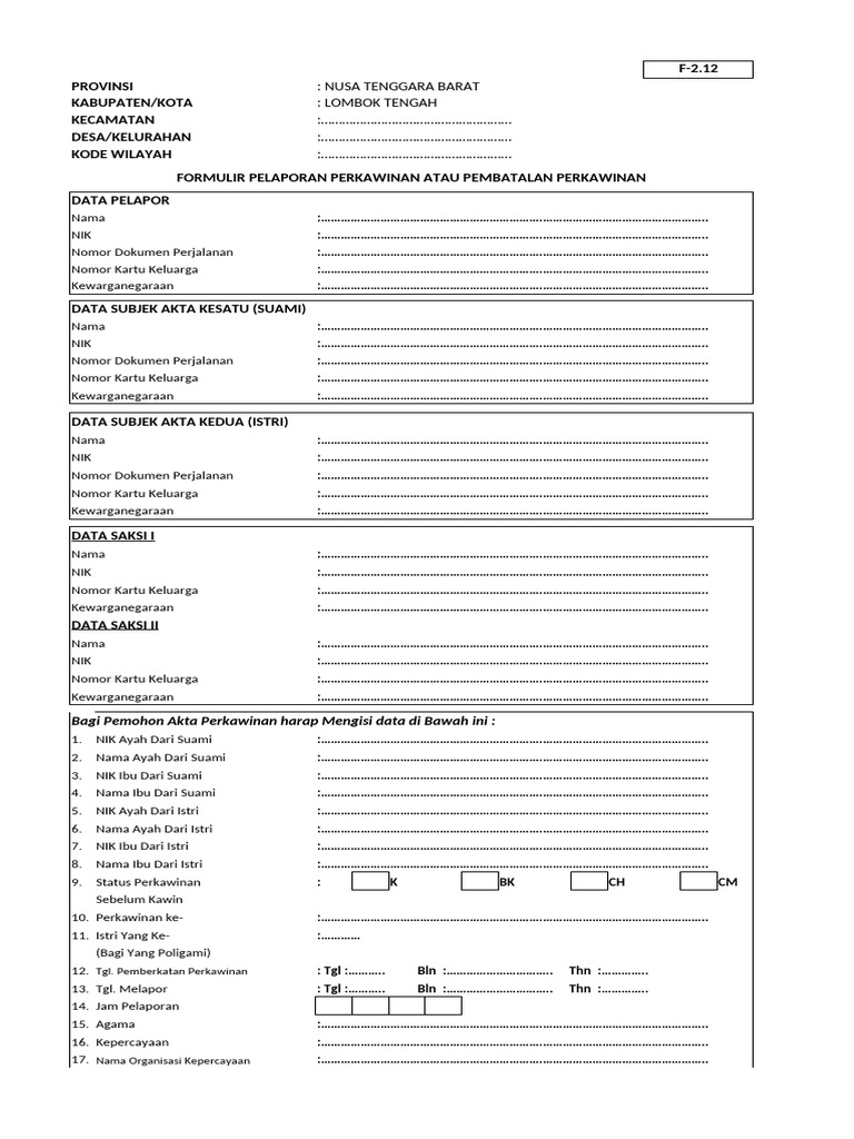 Formulir Perkawinan dan Perceraian NTB | PDF