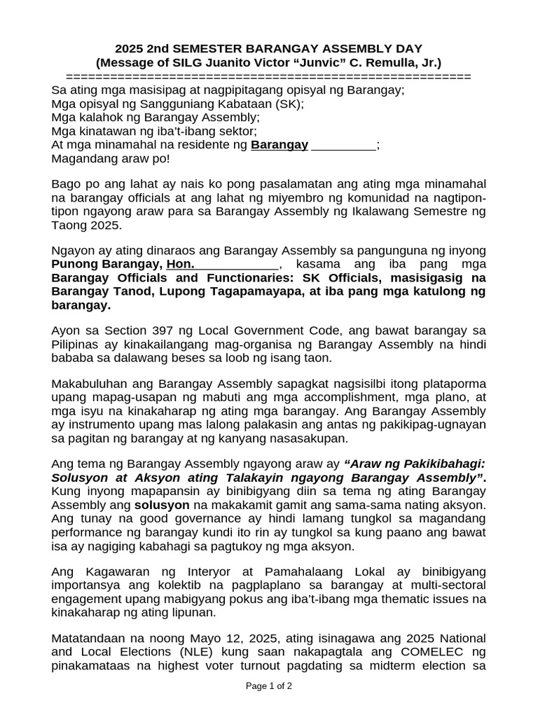 Message of Silg Juanito Victor C. Remulla, JR | PDF