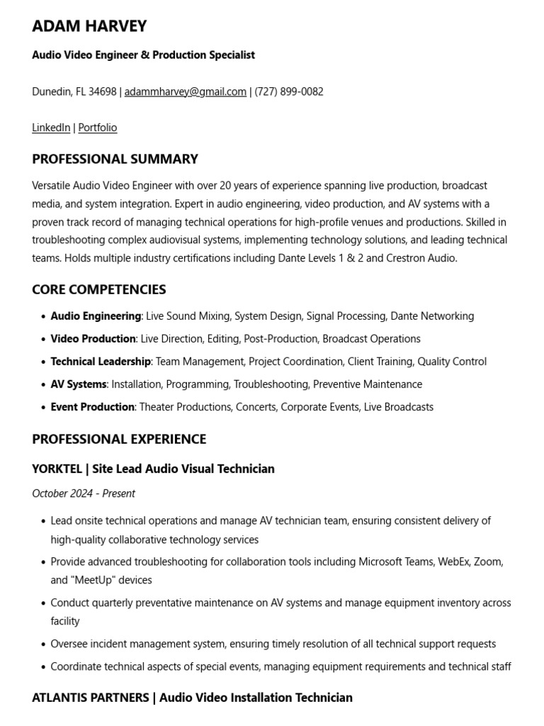 Adam Harvey - Audio Video Professional Resume | PDF | Audio Engineer ...