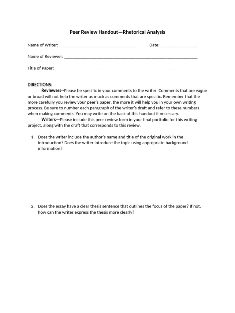 Rhetorical Analysis Peer Review Handout 2 | PDF