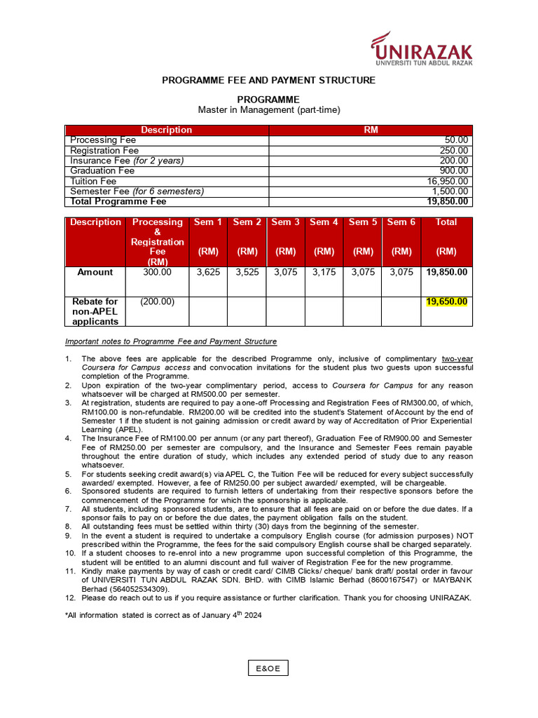 Master in Management Fee Structure | PDF | Fee | Payments