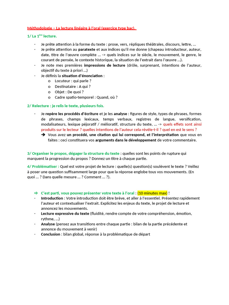 Lecture linéaire à l'oral : méthodologie bac | PDF | Phrase | Linguistique