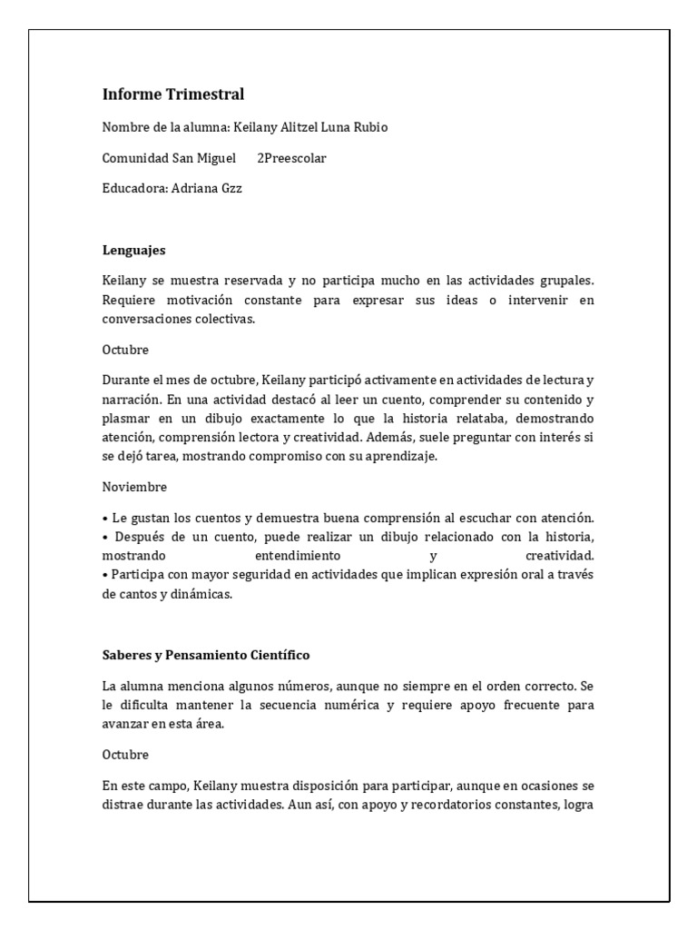 Informe Trimestral Keilany | PDF | Motivacional | Motivación