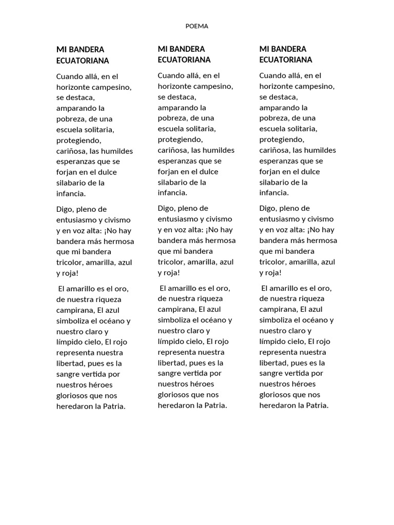 Mi Bandera Ecuatoriana Poema 4to Grado JL P | PDF