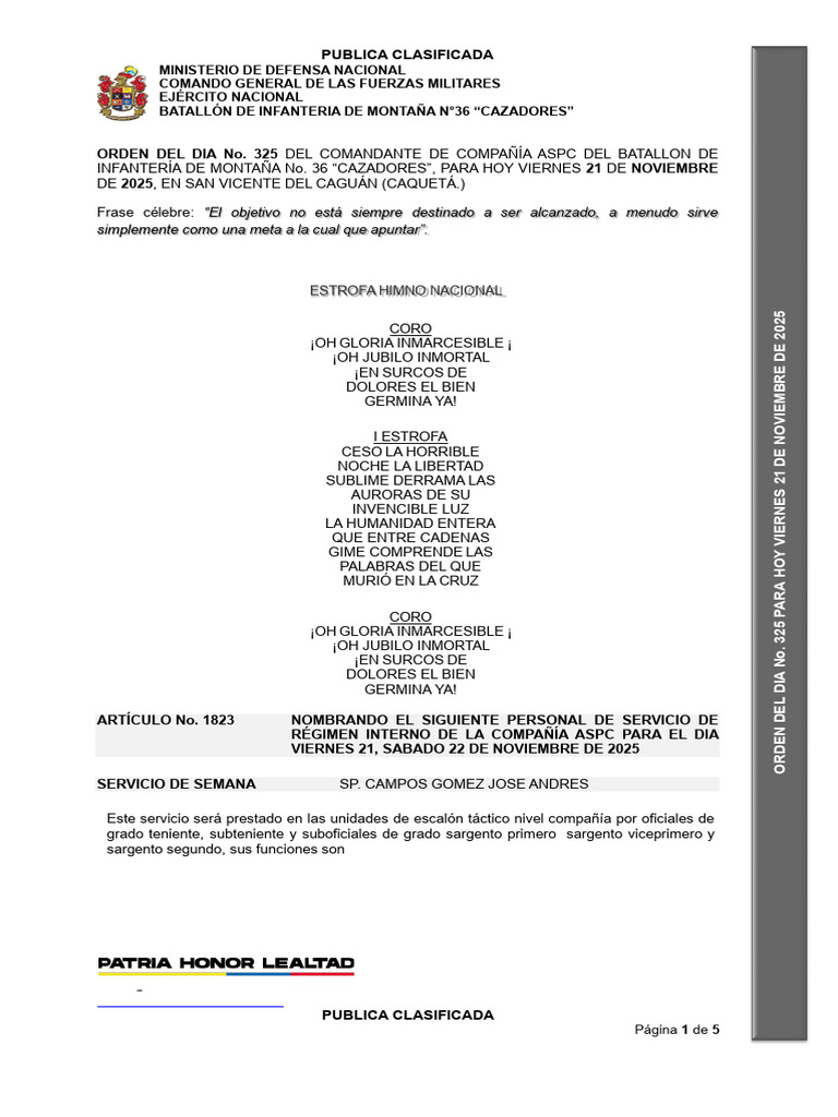 ORDEN DEL DIA N°325 21 NOVIEMBRE | PDF | Corporal | Sargento