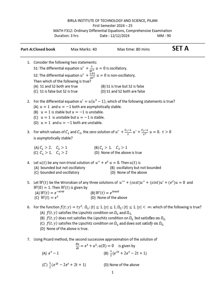1160 MATH F312 20241216112425 Comprehensive Exam Question Paper | PDF ...