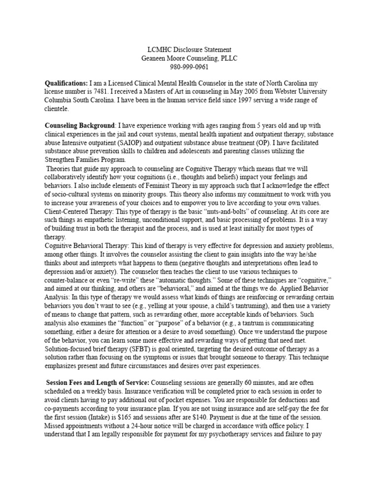 LCMHC Counseling Disclosure Statement | PDF | Psychotherapy | Mental Health
