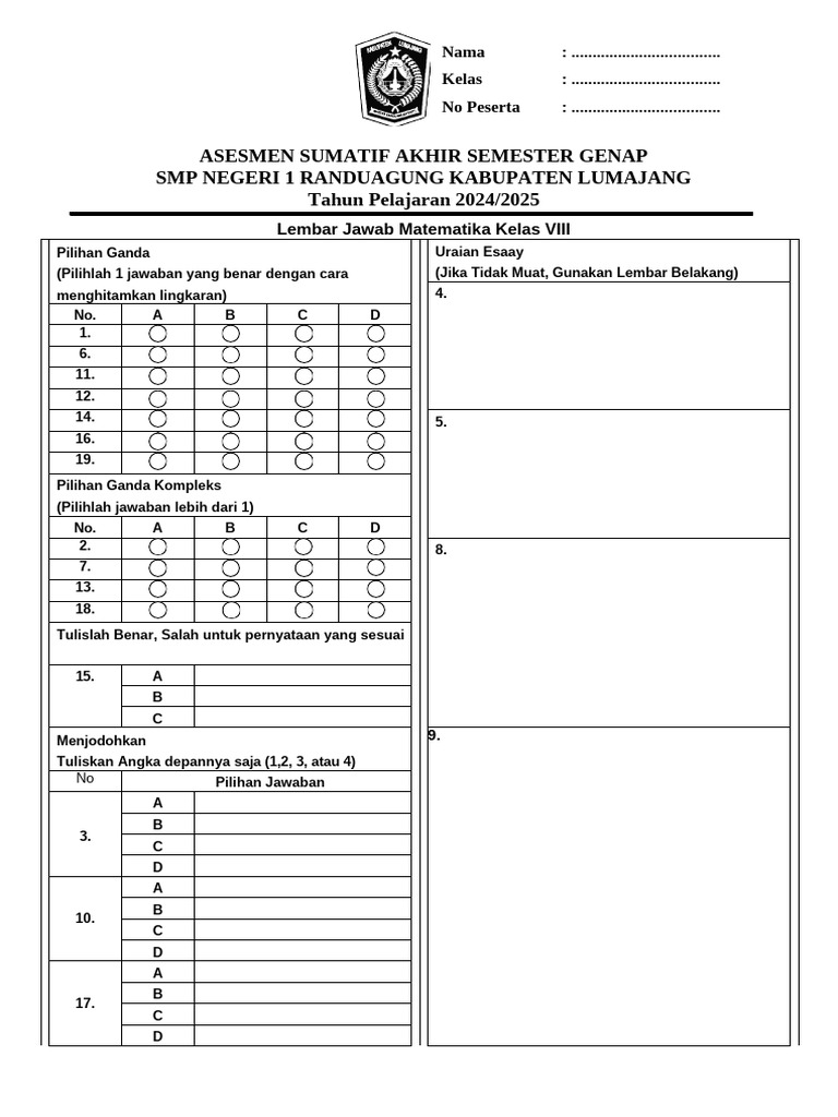 Format LJK SAS Kelas | PDF