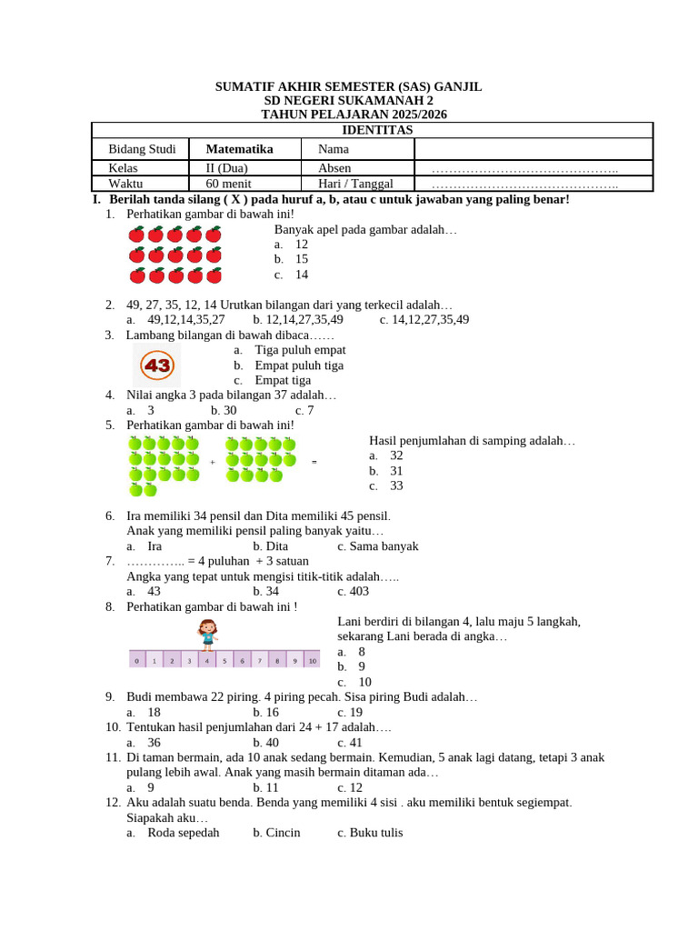 Soal Matematika Kelas II SD Ganjil | PDF