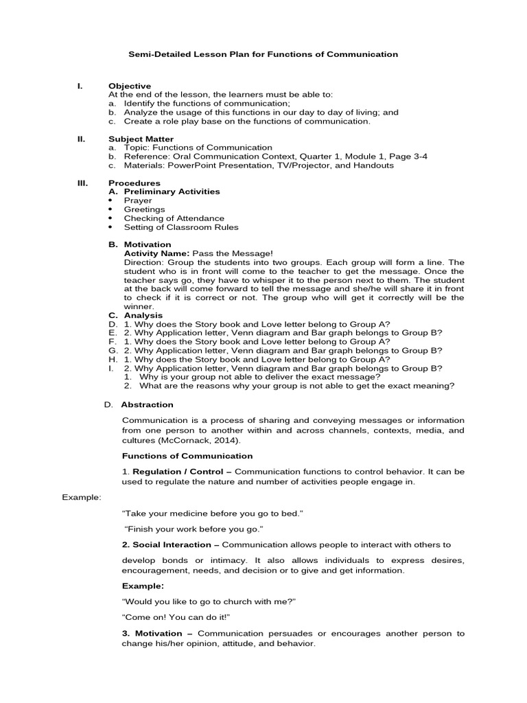 Semi-Detailed Lesson Plan For Functions of Communication | PDF ...