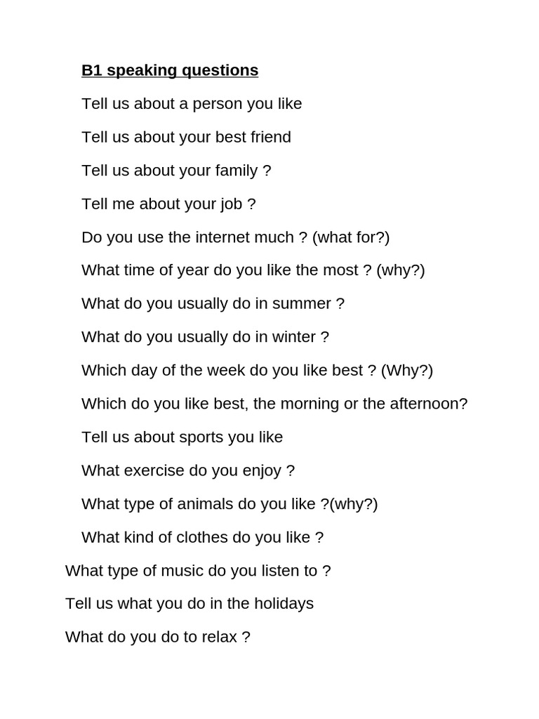 b1 Speaking Questions (All) | PDF