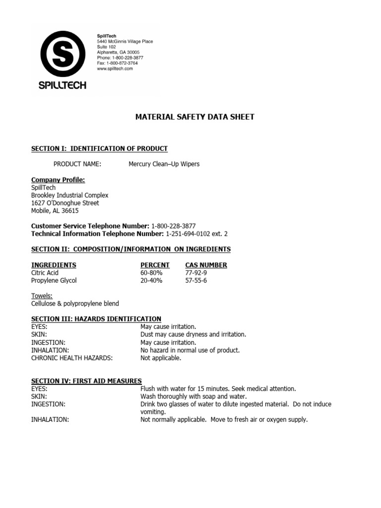 Mercury Clean-Up Wipers MSDS Guide | PDF | Superfund | Water