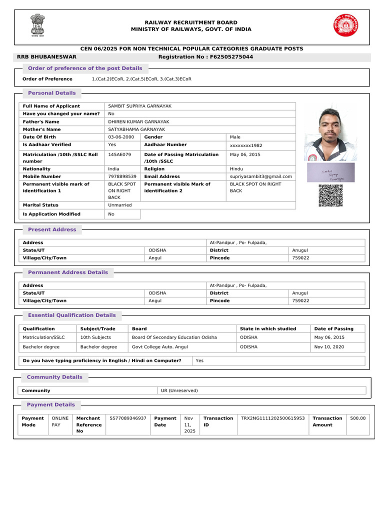 Order of Preference of The Post Details: Railway Recruitment Board ...