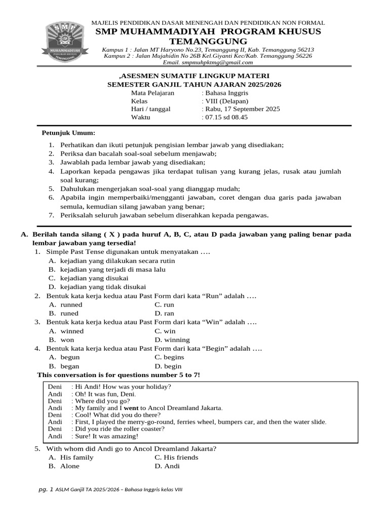 Soal Aslm Ganjil Bahasa Inggris Kelas 8 2025 | PDF | Dairy | Milk