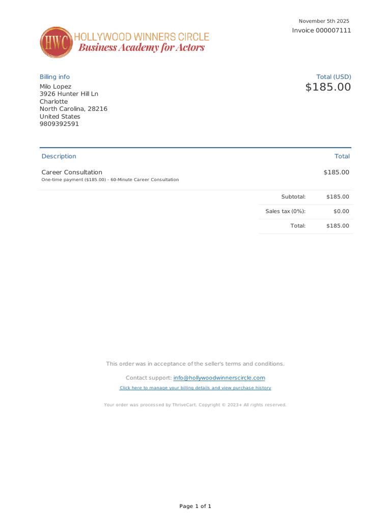 Hollywood Winners Circle - Invoice 000007111 | PDF
