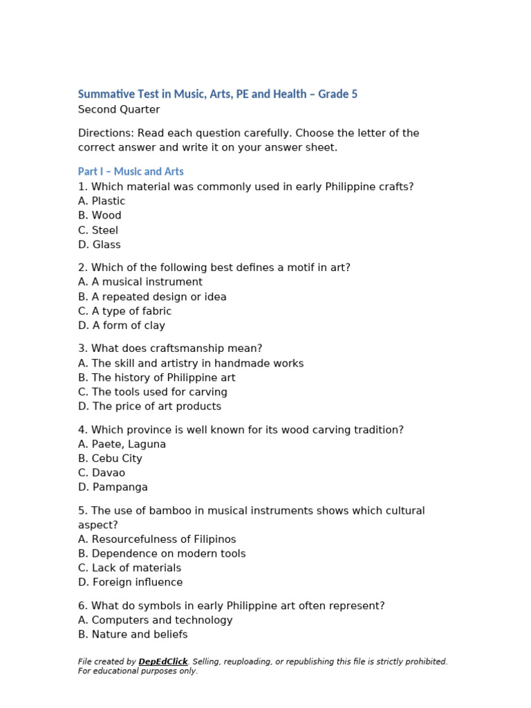 Grade 5 Summative Test: Music, Arts, PE, Health | PDF | Puberty ...
