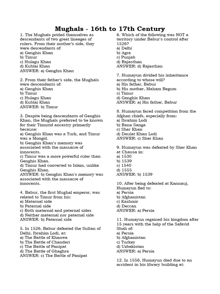Mughals: Key Facts from 16th-17th Century | PDF | Mughal Empire