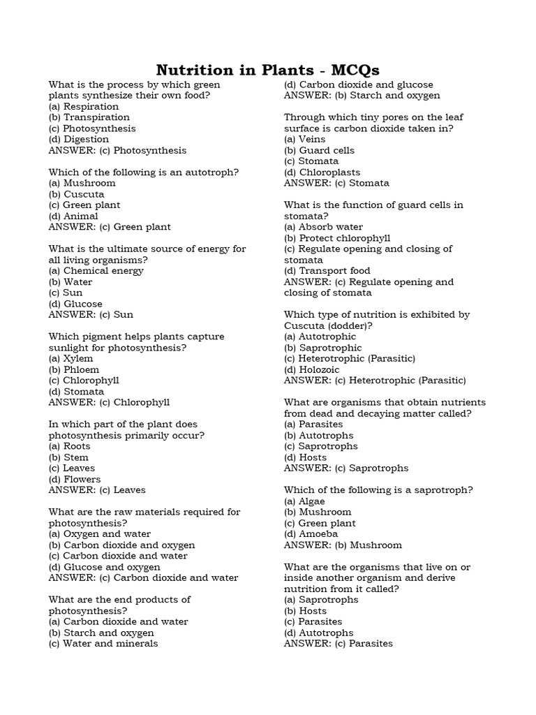 Nutrition in Plants - MCQs | PDF | Nutrition | Diet & Nutrition