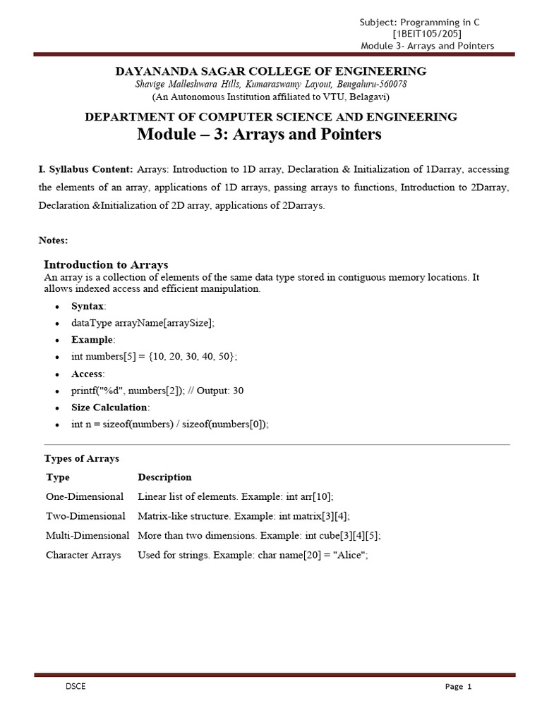 Module - 3 For IT Arrays and Pointers | PDF | Pointer (Computer Programming) | Computing