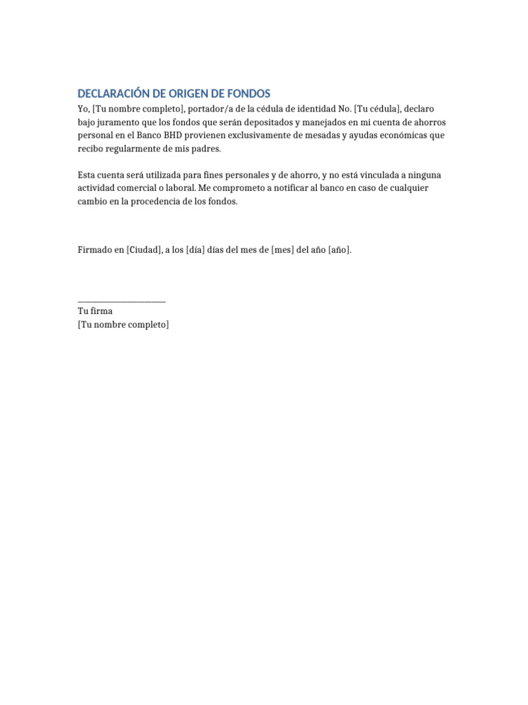 Declaración Origen de Fondos BHD | PDF