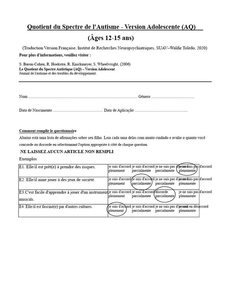 Questionnaire AQ pour Adolescents 12-15 ans | PDF | Autisme | Ouverture ...