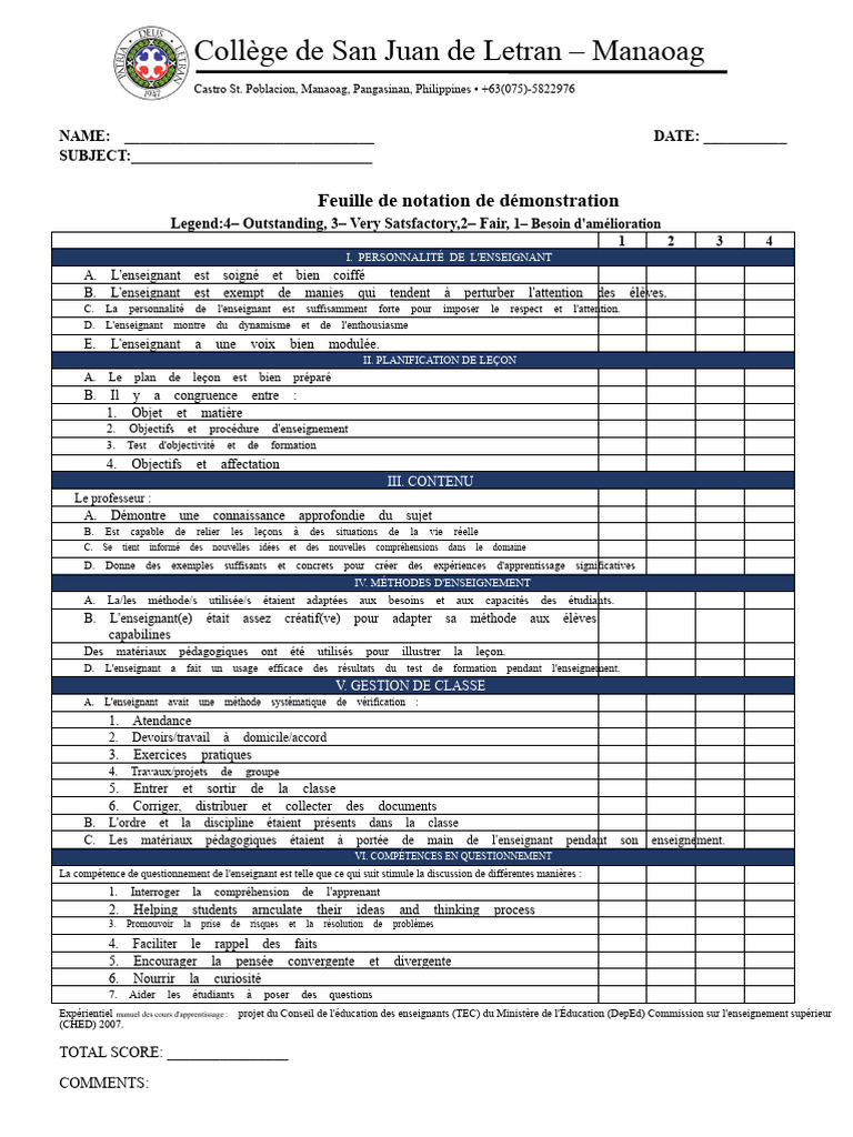 Feuille de Notation pour Enseignants | PDF | Pédagogie | Cognition