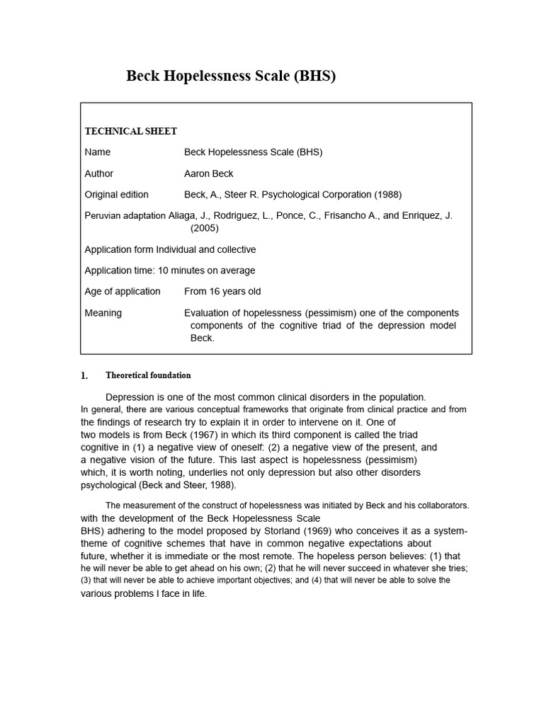 Beck Hopelessness Scale Overview | PDF | Depression (Mood) | Major ...