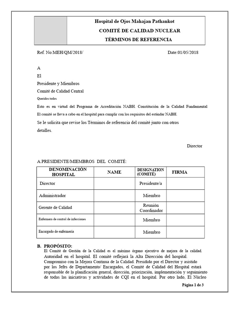 Términos de Referencia del Comité de Calidad | PDF | Sistema de manejo ...