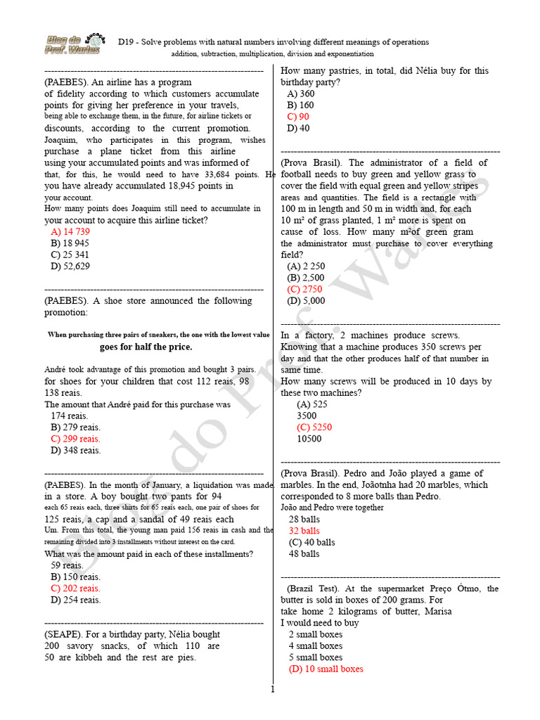 D19 (9th GRADE - Math) - Blog of Prof. Warles | PDF