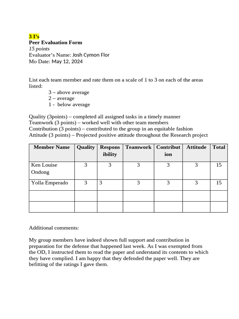 Peer Evaluation Form 3 is Josh Cymon Flor | PDF