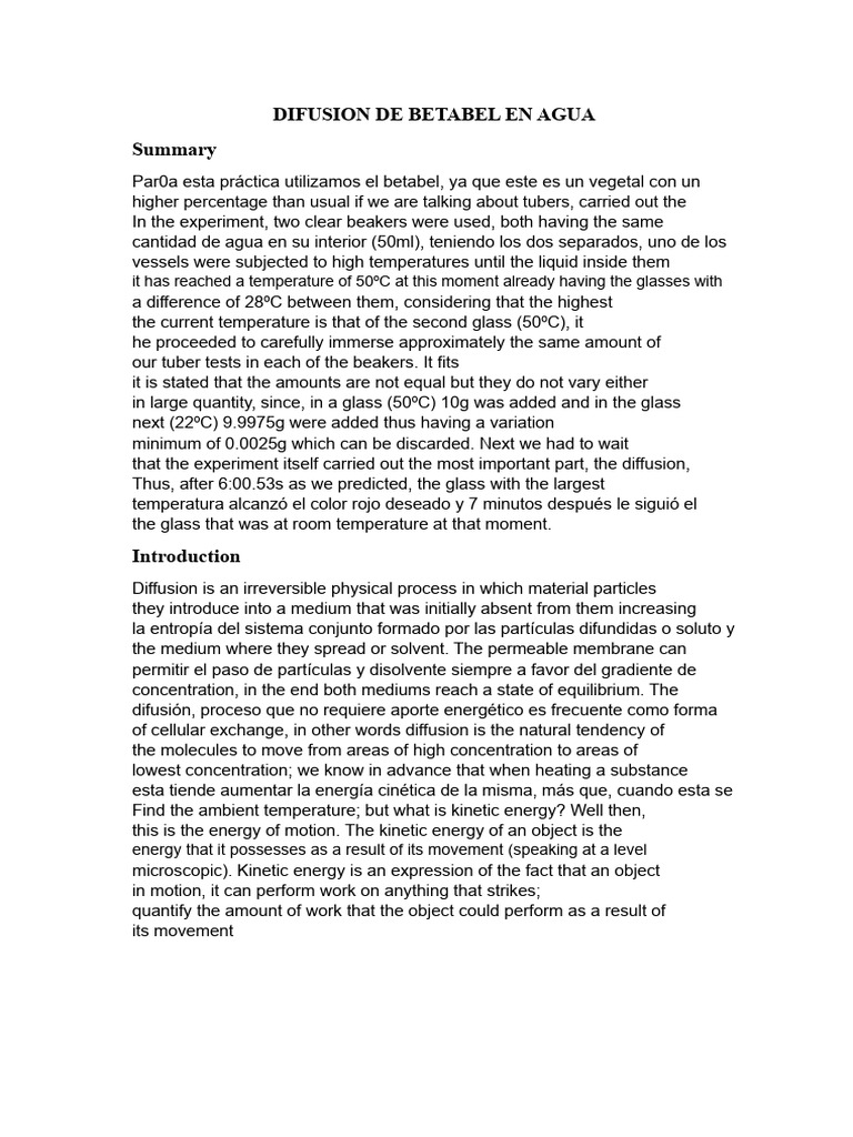 Diffusion of Beetroot in Water Experiment | PDF | Temperature | Diffusion
