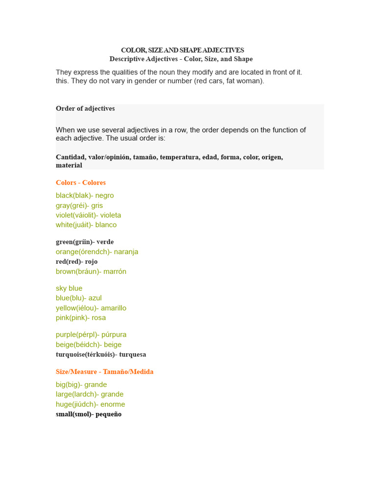 Color, Shape and Size Adjectives | PDF