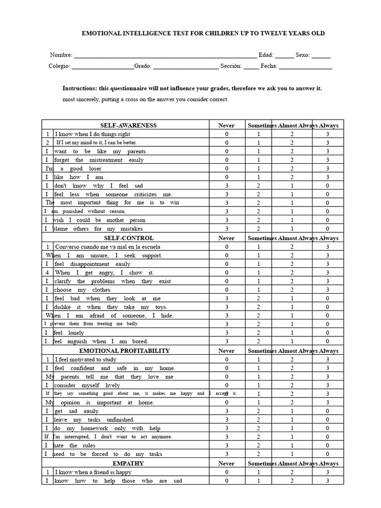 Answer Sheet For The Emotional Intelligence Test For Children Up To ...