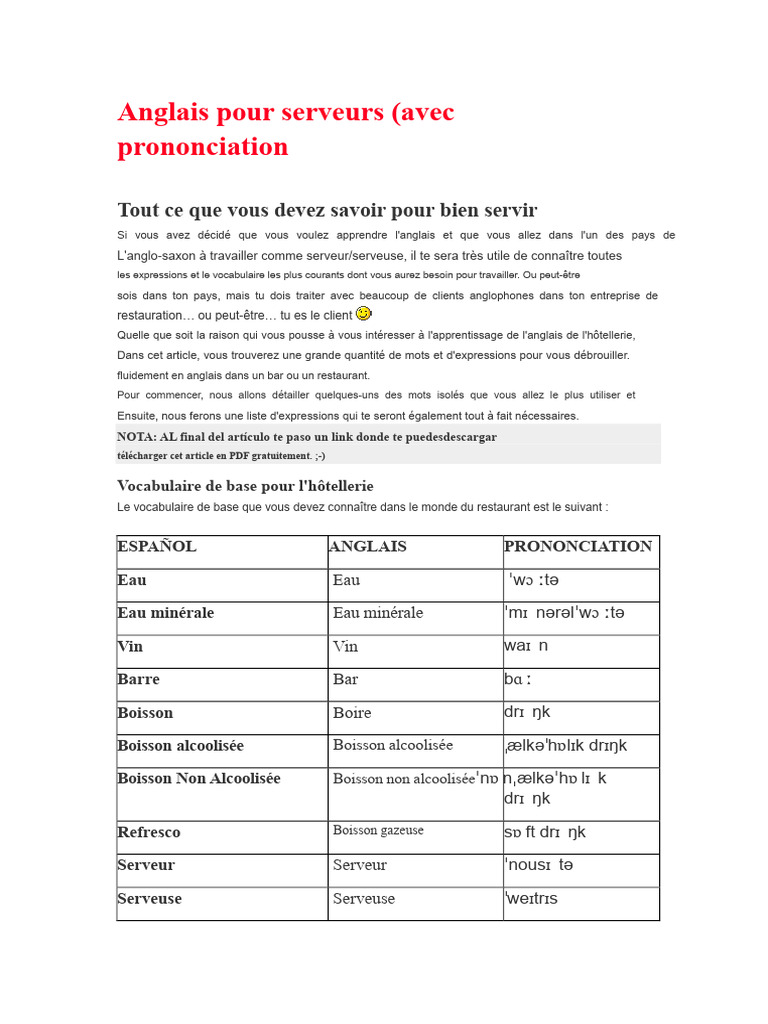 Anglais essentiel pour serveurs en restauration | PDF | Restaurants ...