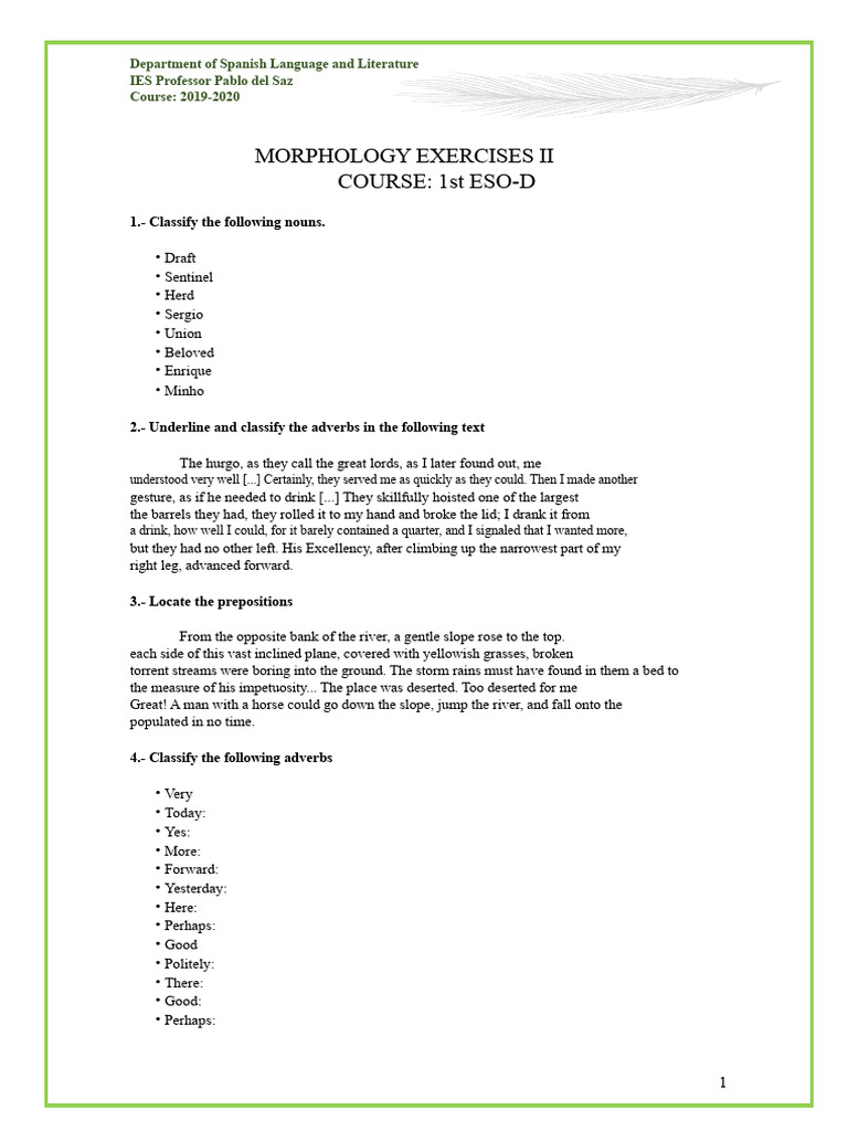 MORPHOLOGY AND SYNTAX EXERCISES 1st ESO | PDF | Subject (Grammar) | Verb