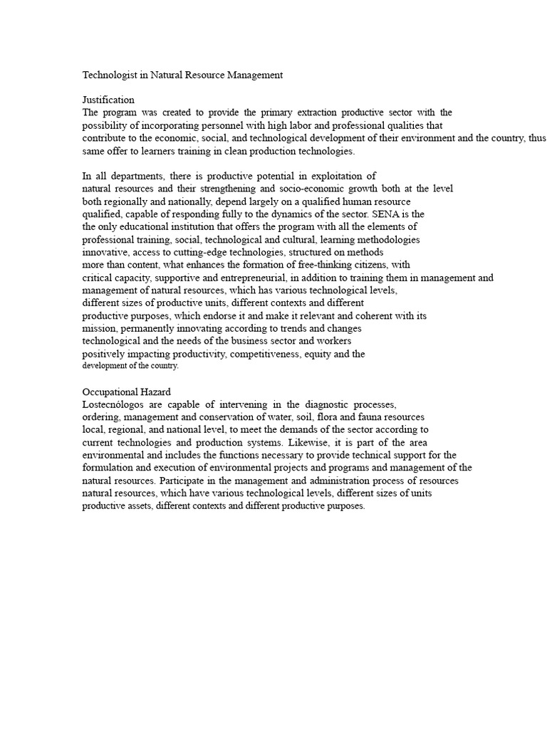 Occupational Profile of A Technology in Natural Resource Management | PDF