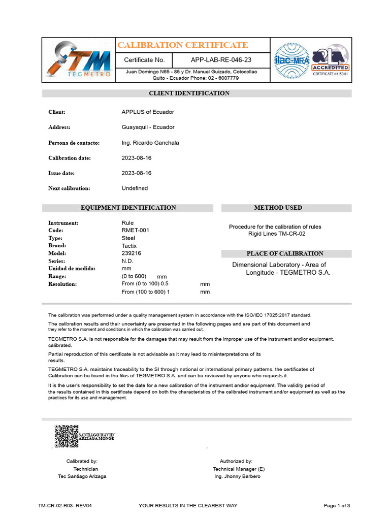 Calibration Certificate for Tactix Instrument | PDF | Calibration ...