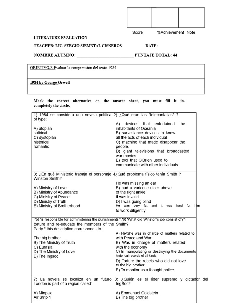1984 Literature Evaluation Quiz | PDF | George Orwell | Satirical Books
