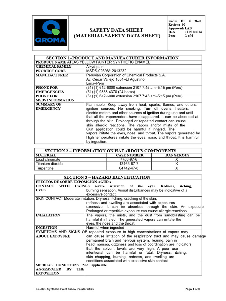 MSDS of Synthetic Enamel Paint Yellow Atlas - Qroma | PDF | Hypothermia ...