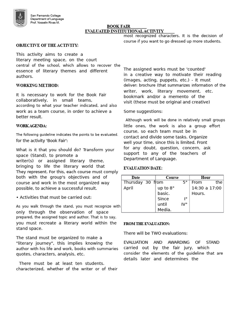 Evaluation Guidelines. Book Day - San Fernando College | PDF ...