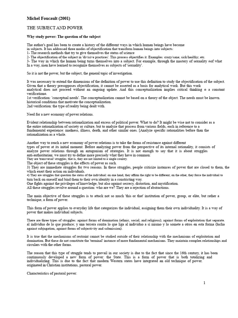 Summary - Michel Foucault (2001) "The Subject and Power" | PDF ...