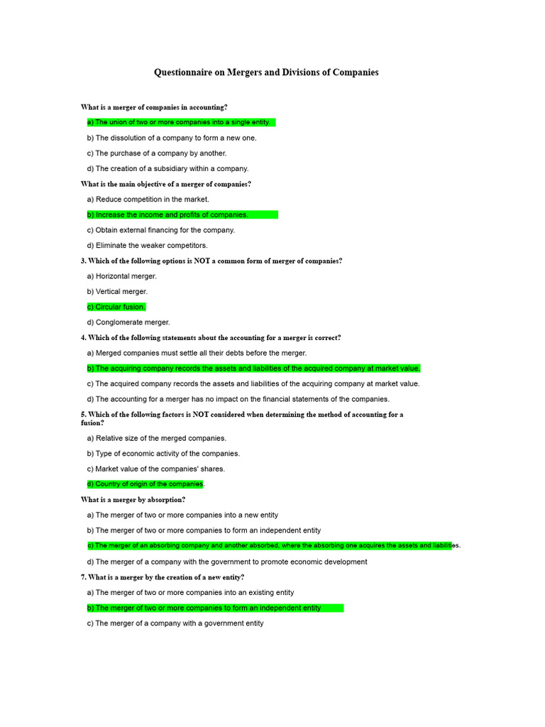 Questionnaire On Mergers and Divisions of Companies (Answered) | PDF ...