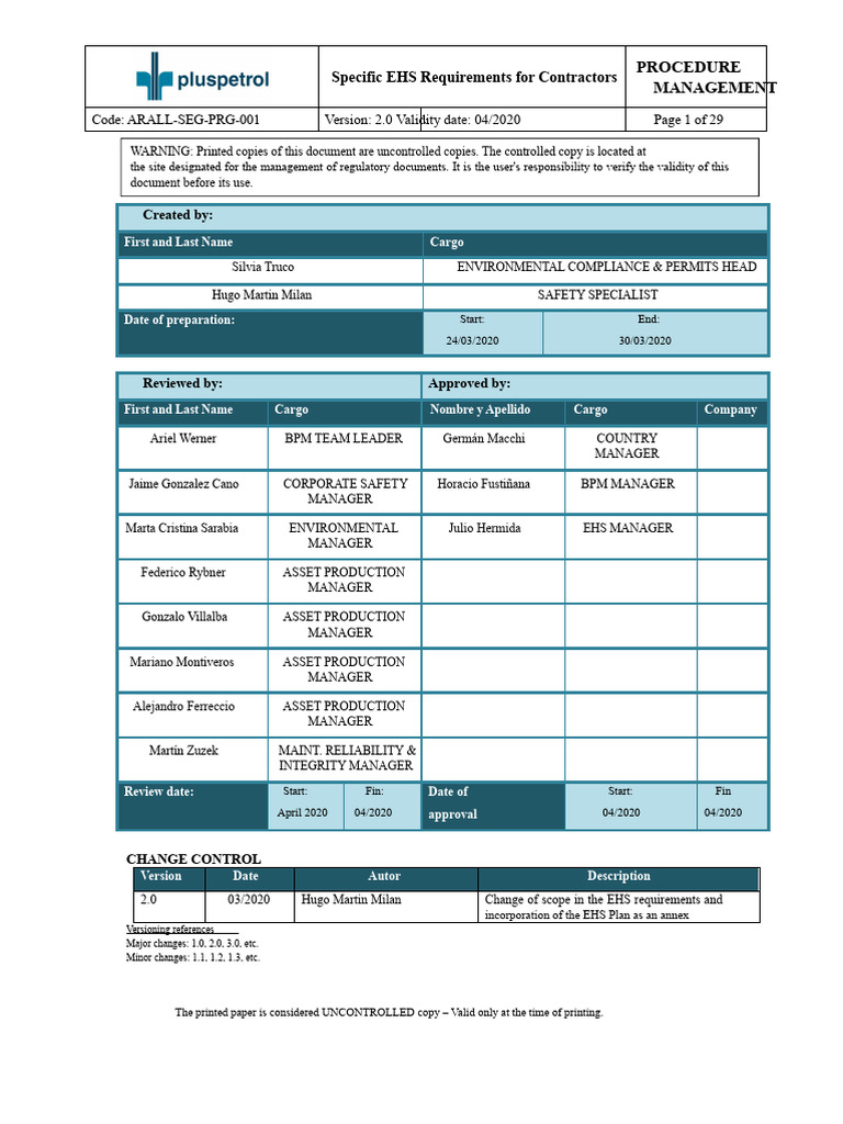 ARALL-SEG-PRG-001 Specific EHS Requirements For Contractors V 2.0 | PDF ...